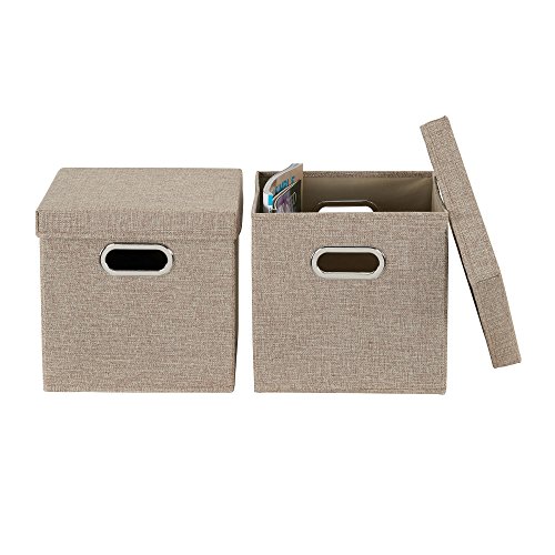 Household Essentials 802-1 Café Cube Bin Storage Set with Lids and Handles | 2 Pack, Brown Linen