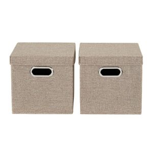 Household Essentials 802-1 Café Cube Bin Storage Set with Lids and Handles | 2 Pack, Brown Linen