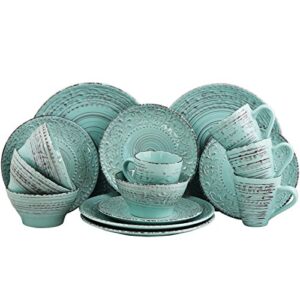 elama embossed stoneware ocean dinnerware dish set, 16 piece, turquoise