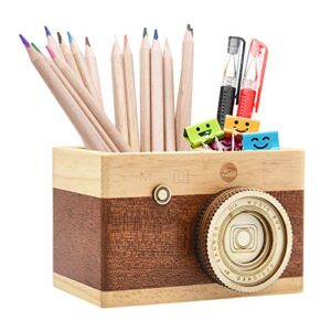 vostor zakka camera wooden pencil holder desktop pencil holder vintage camera decor stationary makeup organizer holder for office home, back to school gift for photographers and students