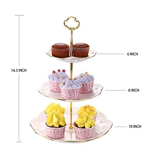 BonNoces 3-Tier Porcelain Embossed Cupcake Stand - Pure White Rimmed with Gold Dessert Cake Stand - Pastry Serving Tray Platter for Tea Party, Wedding and Birthday