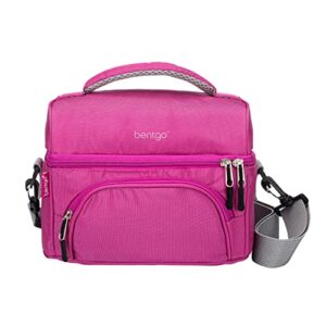 bentgo® deluxe lunch bag - durable and insulated lunch tote with zippered outer pocket, internal mesh pocket, padded & adjustable straps, & 2-way zippers - fits most lunch boxes (purple)