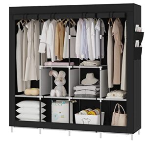 udear portable closet large wardrobe closet clothes organizer with 6 storage shelves, 4 hanging sections 4 side pockets,black