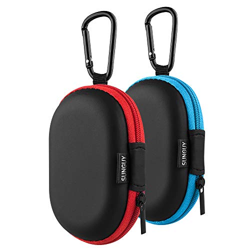 Earbuds Carrying Case, SUNGUY【2Pack, Red+Blue】 Small Oval Storage Cases, Portable Storage Earbud Pouch Bag for Earbuds, in-Ear Headphones, Earphones, Headsets, Hearing Aids, USB Charging Cable,