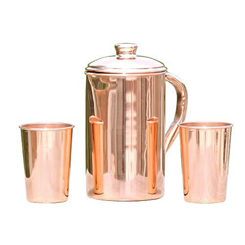 Ancient Impex Pure Copper Pitcher with 2 Copper Tumblers for Storing and Drinking Water | Ayurvedic Pure Copper Jug Capacity 57.48 fl oz. with Matching Lid and 2 Matching Tumblers