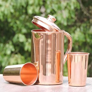 Ancient Impex Pure Copper Pitcher with 2 Copper Tumblers for Storing and Drinking Water | Ayurvedic Pure Copper Jug Capacity 57.48 fl oz. with Matching Lid and 2 Matching Tumblers