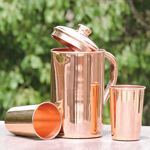 Ancient Impex Pure Copper Pitcher with 2 Copper Tumblers for Storing and Drinking Water | Ayurvedic Pure Copper Jug Capacity 57.48 fl oz. with Matching Lid and 2 Matching Tumblers