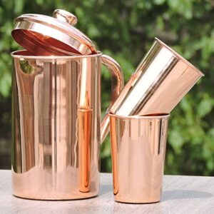 Ancient Impex Pure Copper Pitcher with 2 Copper Tumblers for Storing and Drinking Water | Ayurvedic Pure Copper Jug Capacity 57.48 fl oz. with Matching Lid and 2 Matching Tumblers