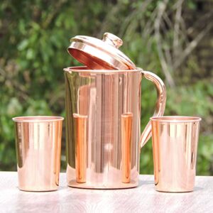 Ancient Impex Pure Copper Pitcher with 2 Copper Tumblers for Storing and Drinking Water | Ayurvedic Pure Copper Jug Capacity 57.48 fl oz. with Matching Lid and 2 Matching Tumblers