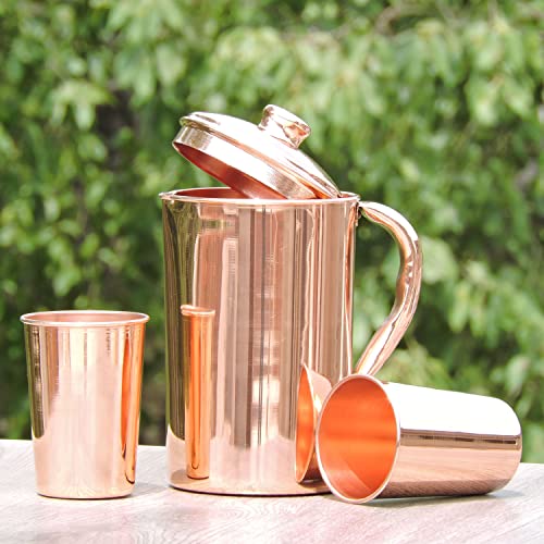 Ancient Impex Pure Copper Pitcher with 2 Copper Tumblers for Storing and Drinking Water | Ayurvedic Pure Copper Jug Capacity 57.48 fl oz. with Matching Lid and 2 Matching Tumblers