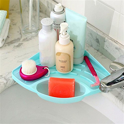 ISKYBOB Set of 2 Kitchen Sink Corner Caddy Storage Rack Sponge Holder,Bathroom Faucet Soap Cleaning Brush Organizer with Suction Cup, Green+Blue