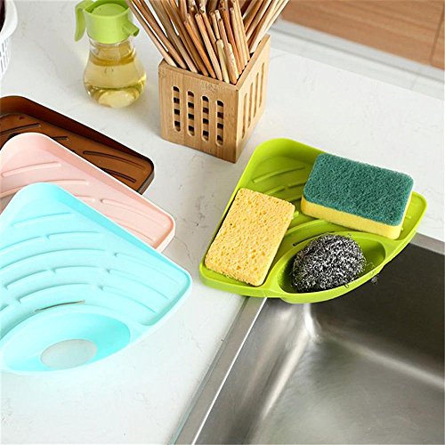 ISKYBOB Set of 2 Kitchen Sink Corner Caddy Storage Rack Sponge Holder,Bathroom Faucet Soap Cleaning Brush Organizer with Suction Cup, Green+Blue