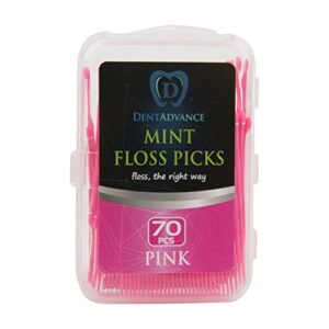 dentadvance mint dental floss picks - easy reach back teeth | tooth flossers |pink, mint flavored, 70 ct, w/ travel case