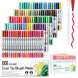 yishaner 100 colors dual tip brush pens highlighter art markers 0.4mm fine liners & brush tip watercolor pen set for adult and kids coloring books bullet journal, calligraphy, hand lettering