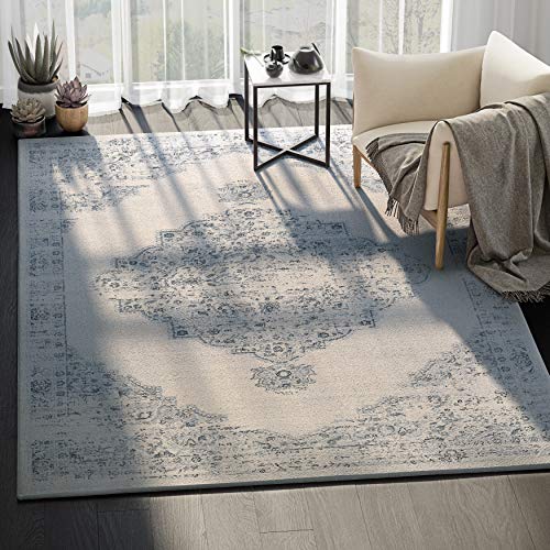 Abani 5'3" x 7'6" Rugs Ivory & Blue Distressed Floral Motif Area Rug - Rugged Traditional Vintage Style Accent Rug, Troy Collection