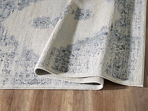 Abani 5'3" x 7'6" Rugs Ivory & Blue Distressed Floral Motif Area Rug - Rugged Traditional Vintage Style Accent Rug, Troy Collection