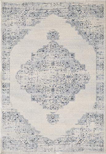 Abani 5'3" x 7'6" Rugs Ivory & Blue Distressed Floral Motif Area Rug - Rugged Traditional Vintage Style Accent Rug, Troy Collection