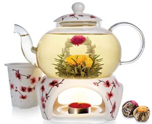 teabloom petite cherry blossom teapot & flowering tea gift set - glass teapot (27 oz / 2-3 cups), porcelain lid, loose tea infuser, tea warmer + candle, 2 flowering teas