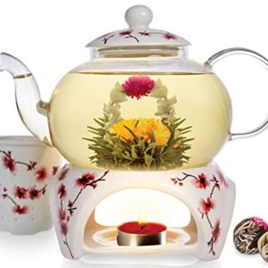 Teabloom Petite Cherry Blossom Teapot & Flowering Tea Gift Set - Glass Teapot (27 OZ / 2-3 Cups), Porcelain Lid, Loose Tea Infuser, Tea Warmer + Candle, 2 Flowering Teas