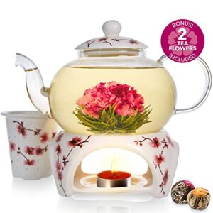 Teabloom Petite Cherry Blossom Teapot & Flowering Tea Gift Set - Glass Teapot (27 OZ / 2-3 Cups), Porcelain Lid, Loose Tea Infuser, Tea Warmer + Candle, 2 Flowering Teas