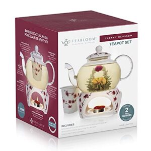 Teabloom Petite Cherry Blossom Teapot & Flowering Tea Gift Set - Glass Teapot (27 OZ / 2-3 Cups), Porcelain Lid, Loose Tea Infuser, Tea Warmer + Candle, 2 Flowering Teas