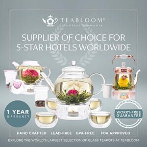 Teabloom Petite Cherry Blossom Teapot & Flowering Tea Gift Set - Glass Teapot (27 OZ / 2-3 Cups), Porcelain Lid, Loose Tea Infuser, Tea Warmer + Candle, 2 Flowering Teas