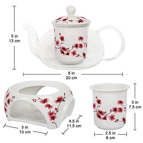 Teabloom Petite Cherry Blossom Teapot & Flowering Tea Gift Set - Glass Teapot (27 OZ / 2-3 Cups), Porcelain Lid, Loose Tea Infuser, Tea Warmer + Candle, 2 Flowering Teas