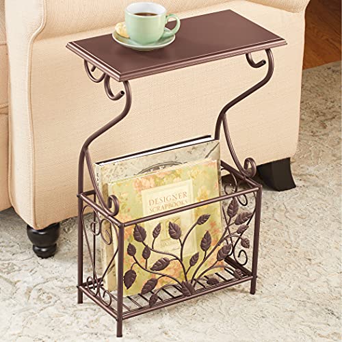 Collections Etc Scroll Leaves Iron and Wood Magazine Holder Side Table, Bronze Colored Finish