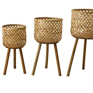 Creative Co-Op Woven Bamboo Floor Baskets with Wood Legs (Set of 3 Sizes)