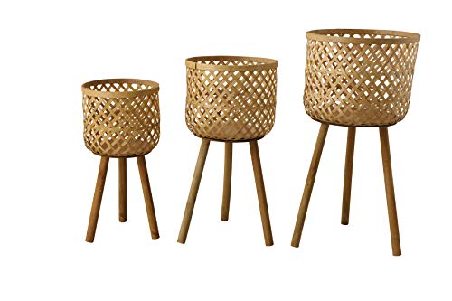 Creative Co-Op Woven Bamboo Floor Baskets with Wood Legs (Set of 3 Sizes)