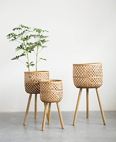 Creative Co-Op Woven Bamboo Floor Baskets with Wood Legs (Set of 3 Sizes)