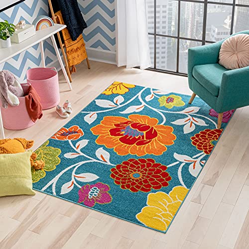 Well Woven StarBright Daisy Flowers Modern Floral Blue 5' x 7' Kids Area Rug