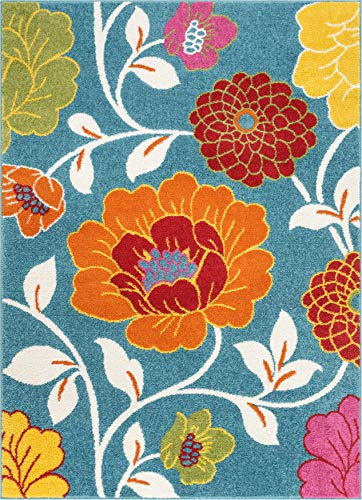 Well Woven StarBright Daisy Flowers Modern Floral Blue 5' x 7' Kids Area Rug