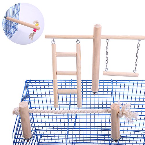 QBLEEV Parakeet Perches Outside Cage, Bird Swing Conure Toys Table Cage Top Play Stand Parrot Climbing Ladder Rope Perches Stands Chewing Wood Play Gyms Playground for Cockatiel Lovebirds Finches