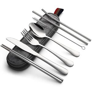 devico portable utensils, travel camping cutlery set, 8-piece including knife fork spoon chopsticks cleaning brush straws portable case, stainless steel flatware set (silver)