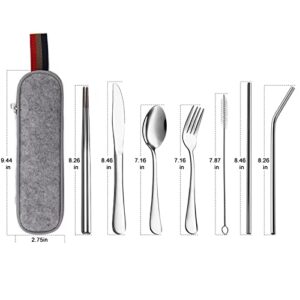 DEVICO Portable Utensils, Travel Camping Cutlery Set, 8-Piece including Knife Fork Spoon Chopsticks Cleaning Brush Straws Portable Case, Stainless Steel Flatware set (Silver)