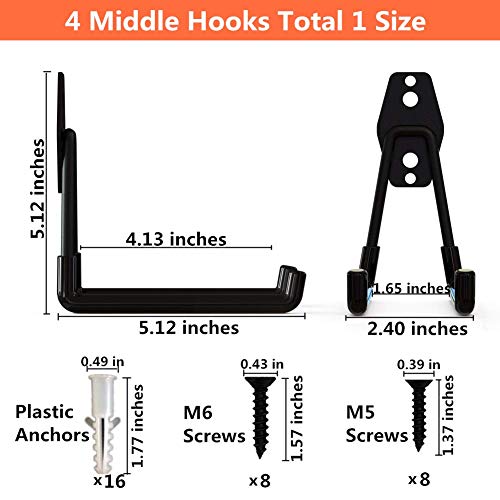 Whrsinlor Wall Mount Heavy Duty Double Utility Tools Hooks with Anti-Slip Coating for Garage Storage Organizer Shovels Chair Hose, 4 Pack 5 Inches Garage Hooks…