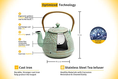 Tea Kettle, TOPTIER Japanese Cast Iron Teapot with Stainless Steel Infuser, Cast Iron Tea Kettle Stovetop Safe, Leaf Design Teapot Coated with Enameled Interior for 32 Ounce (950 ml), Light Green