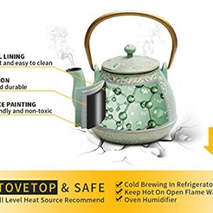 Tea Kettle, TOPTIER Japanese Cast Iron Teapot with Stainless Steel Infuser, Cast Iron Tea Kettle Stovetop Safe, Leaf Design Teapot Coated with Enameled Interior for 32 Ounce (950 ml), Light Green