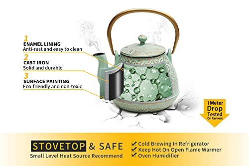 Tea Kettle, TOPTIER Japanese Cast Iron Teapot with Stainless Steel Infuser, Cast Iron Tea Kettle Stovetop Safe, Leaf Design Teapot Coated with Enameled Interior for 32 Ounce (950 ml), Light Green