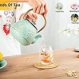 Tea Kettle, TOPTIER Japanese Cast Iron Teapot with Stainless Steel Infuser, Cast Iron Tea Kettle Stovetop Safe, Leaf Design Teapot Coated with Enameled Interior for 32 Ounce (950 ml), Light Green