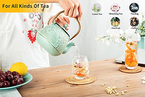 Tea Kettle, TOPTIER Japanese Cast Iron Teapot with Stainless Steel Infuser, Cast Iron Tea Kettle Stovetop Safe, Leaf Design Teapot Coated with Enameled Interior for 32 Ounce (950 ml), Light Green