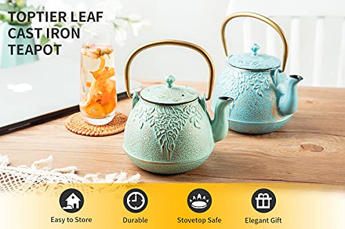 Tea Kettle, TOPTIER Japanese Cast Iron Teapot with Stainless Steel Infuser, Cast Iron Tea Kettle Stovetop Safe, Leaf Design Teapot Coated with Enameled Interior for 32 Ounce (950 ml), Light Green