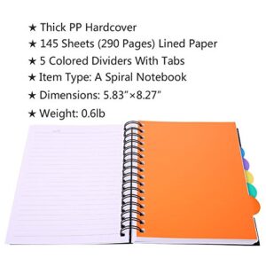 A5 Notebook, 5 Subject Spiral Notebook and Journals, Wide Ruled, Lab Professional Notepad, Colored Dividers with Tabs, 5.83”×8.27”, 290 Pages, Hardcover Memo Planner for School Boys Girls Men Women