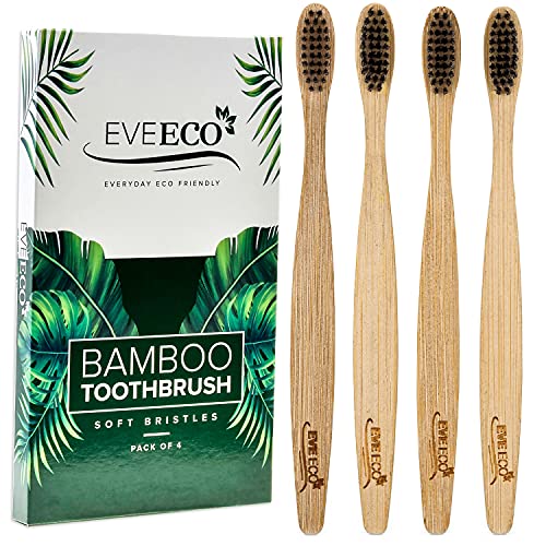 EveEco 4 Count I Bamboo Toothbrush I Soft Bristles Best for Sensitive Gums I Charcoal I Vegan I Natural Wood I BPA Fee I Recyclable I Compostable I Biodegradable | Environmentally Friendly