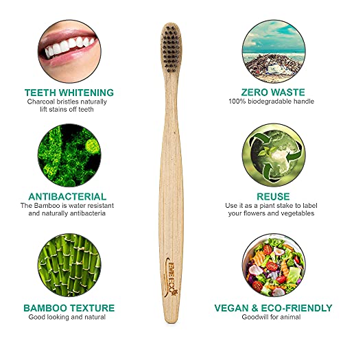 EveEco 4 Count I Bamboo Toothbrush I Soft Bristles Best for Sensitive Gums I Charcoal I Vegan I Natural Wood I BPA Fee I Recyclable I Compostable I Biodegradable | Environmentally Friendly