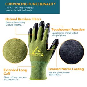 COOLJOB 2 Pairs Bamboo Touch Screen Gardening Gloves for Men, Large Breathable Working Gloves, Rubber Coated Garden Gloves, Non Slip Grip for Workers, Gardeners, Drivers, Green & Black, L