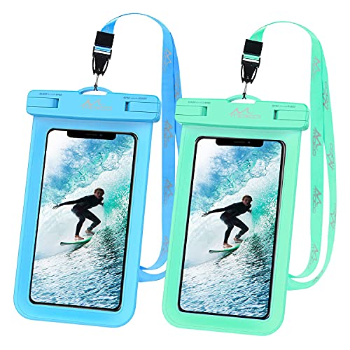 MoKo Waterproof Phone Pouch Holder [2 Pack], Underwater Phone Case Dry Bag with Lanyard Compatible with iPhone 14 13 12 11 Pro Max X/Xr/Xs Max/SE 3,Samsung S21/S10/S9/S8 Plus, Blue+Green