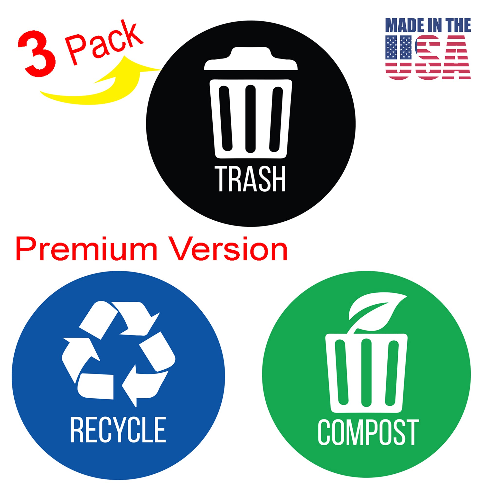 iTouchless Trash Stickers Premium Vinyl Decals for Trash Can; 3" Round Waterproof, Reusable (Set of 3); Indoor/Outdoor