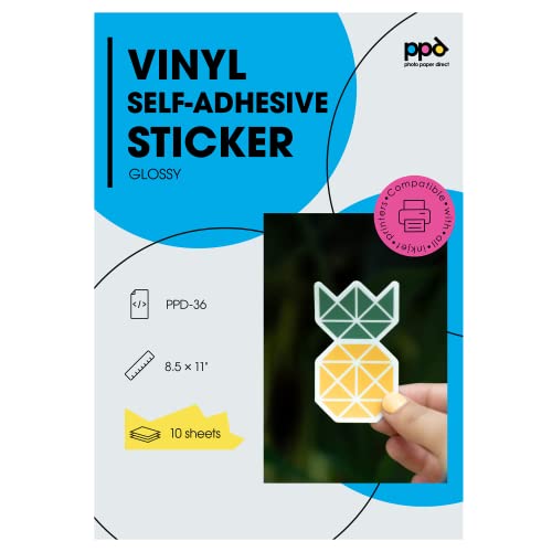 PPD 10 Sheets Inkjet Creative Media Waterproof Glossy Self Adhesive PVC Vinyl Sticker Paper 8.5x11 True Photographic Quality 4.1mil Thin Full Sheet Instant Dry Scratch and Tear Resistant (PPD-36-10)